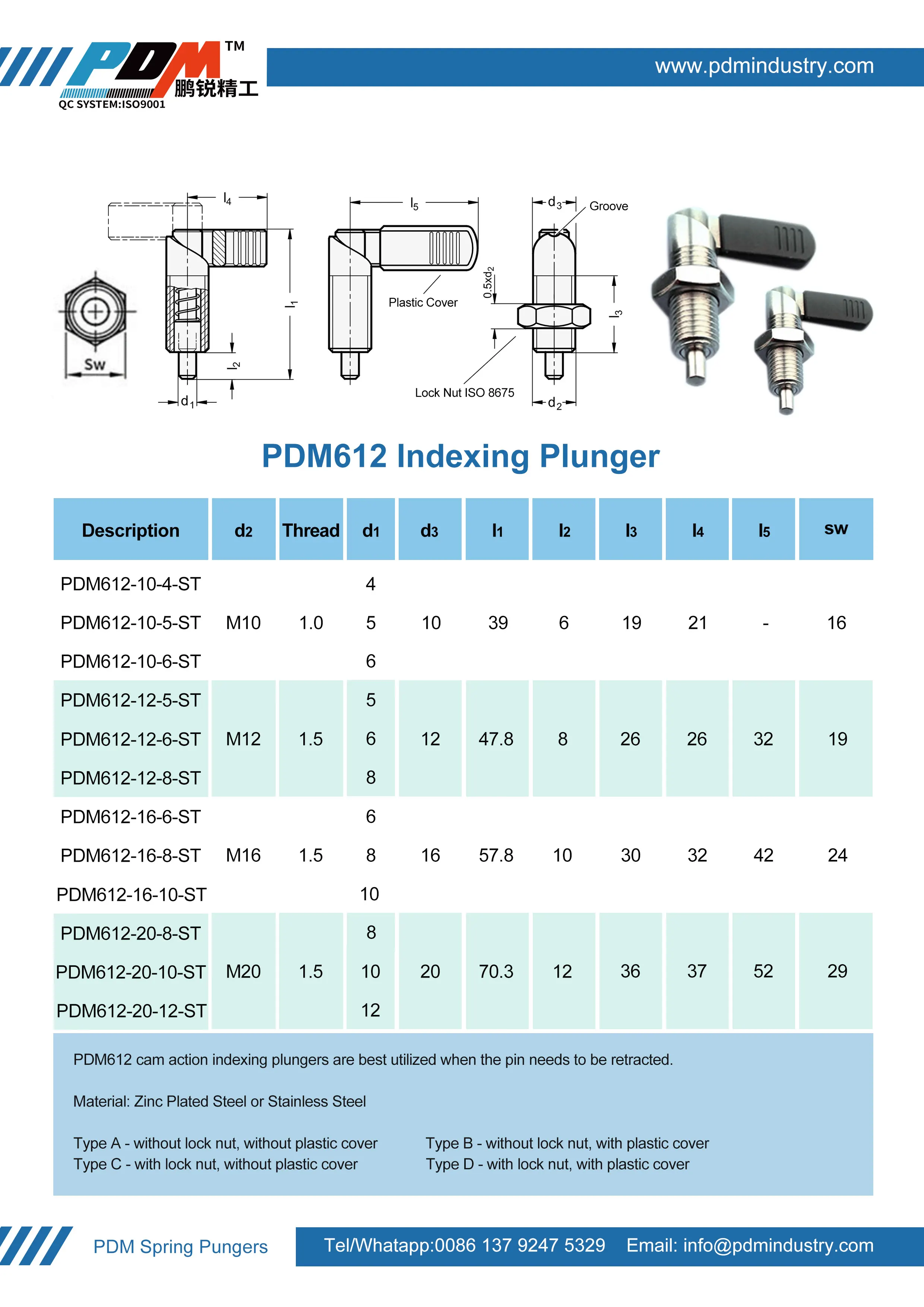 Stainless Steel Spring Loaded Indexing Plunger - PDM
