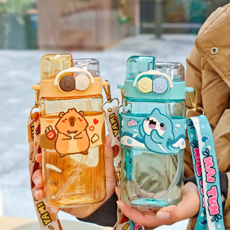 Cute Unicorn Dinosaurs Cartoon Children Portable Strap Water Bottles BPA Free 520ml Plastic ...