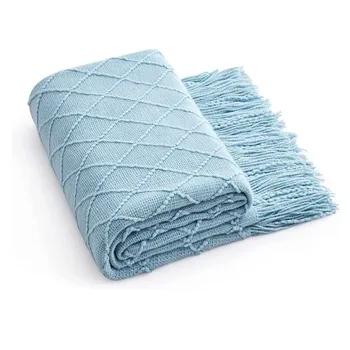 Light Blue Knitted Decorative Throw Blankets For Couch Bedroom And ...