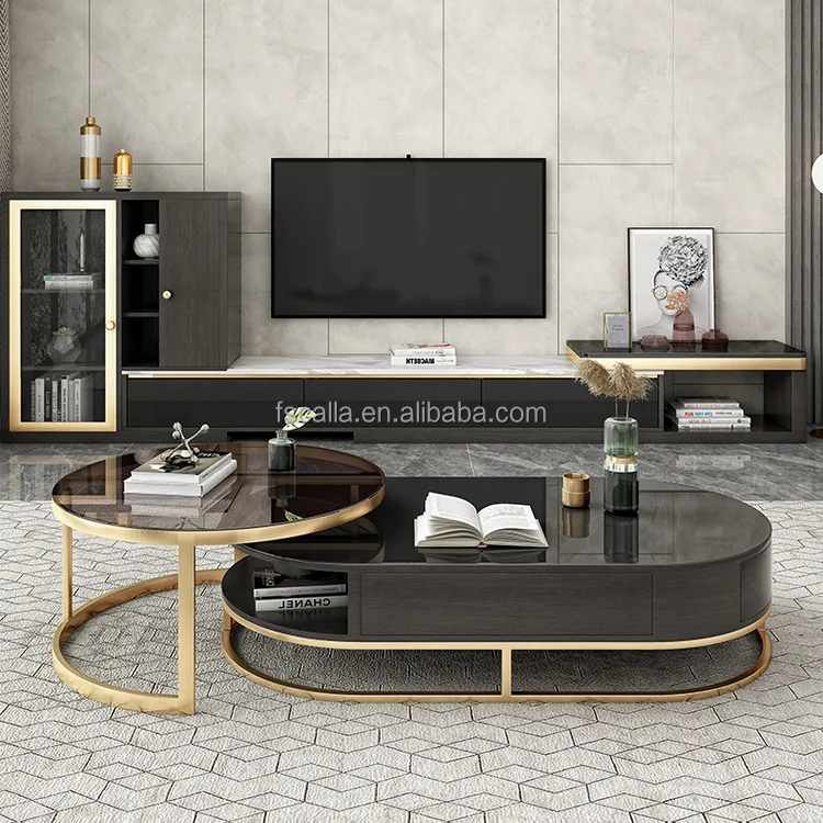 Light Luxury Tv Cabinet Coffee Table Combination With Glass Marble Top ...