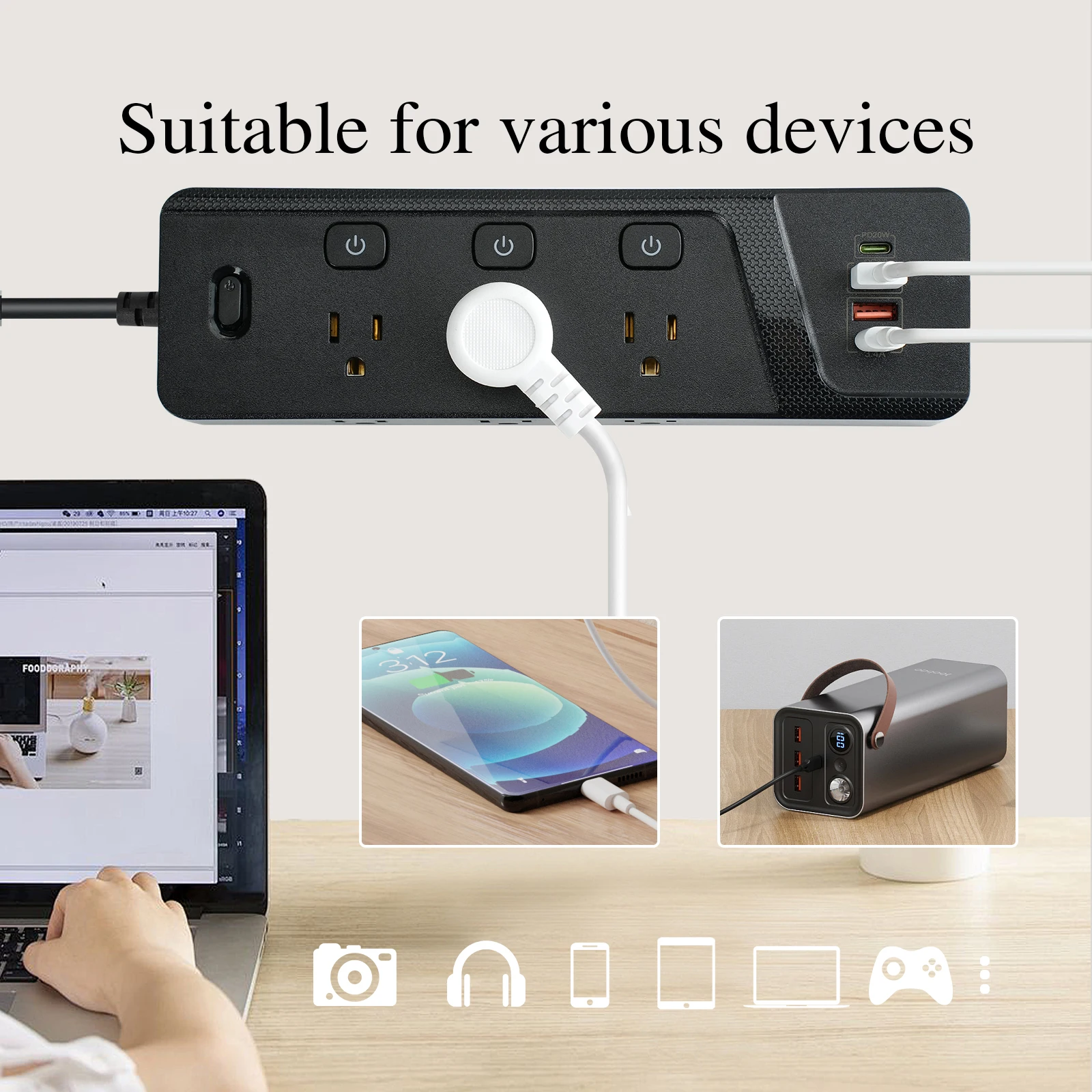 125v Us Power Strip Pd 20w+qc 3.0 Charger Plug Socket Power Strip Multi ...