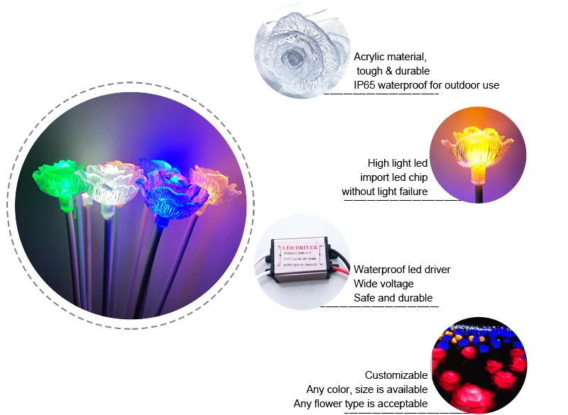 70cm Acrylic LED Rose Flower Stand Outdoor Wedding Decoration Lighting ...