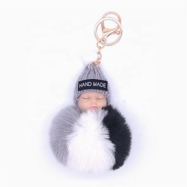 High Quality Rabbit Fur Keychain Girly Fluffy Pom Pom Sleeping Baby ...