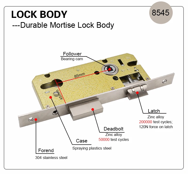 French Zinc Alloy Mortise Door Lock for Fire Wooden Doors