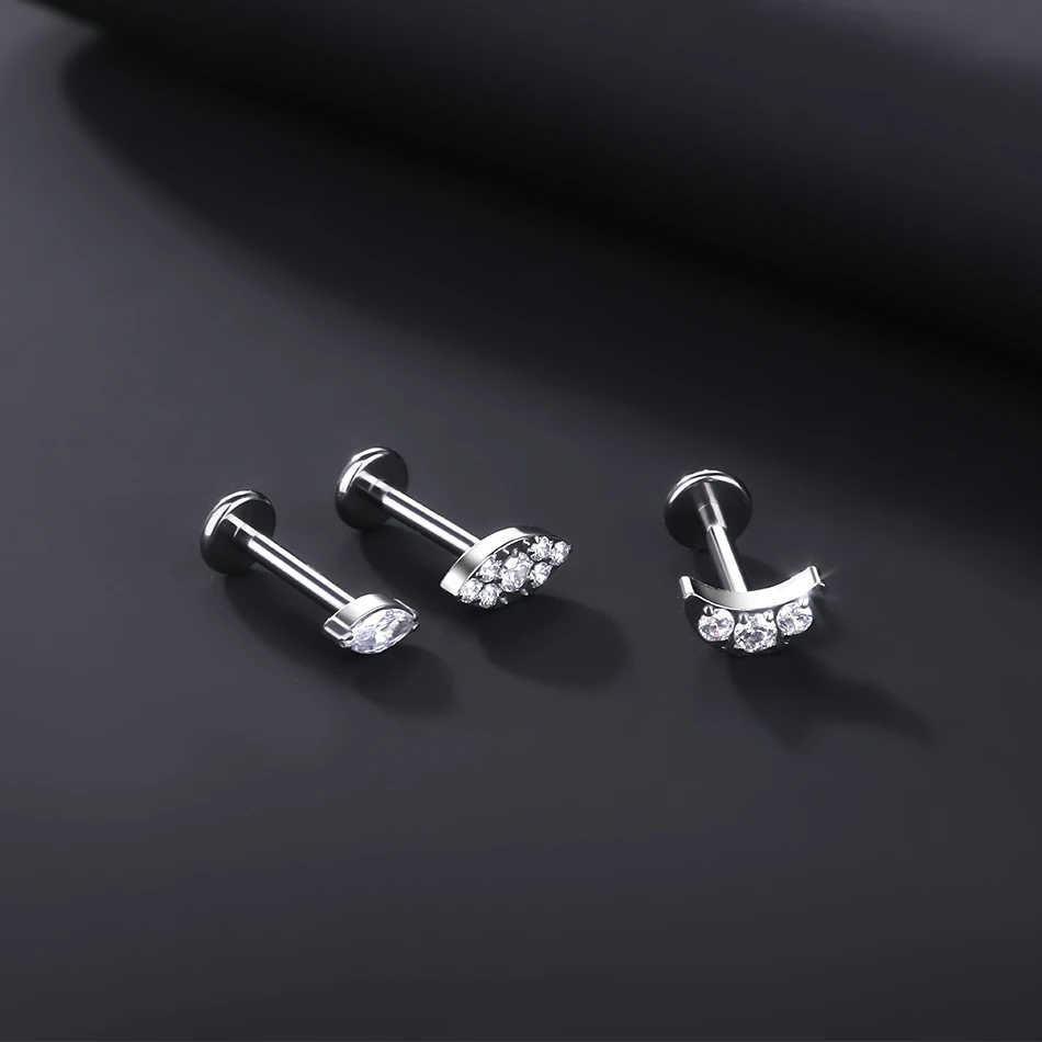 G23 Titanium Ear Piercing Ring Lobe Internal Threaded CZ Lip Ear Bar ...