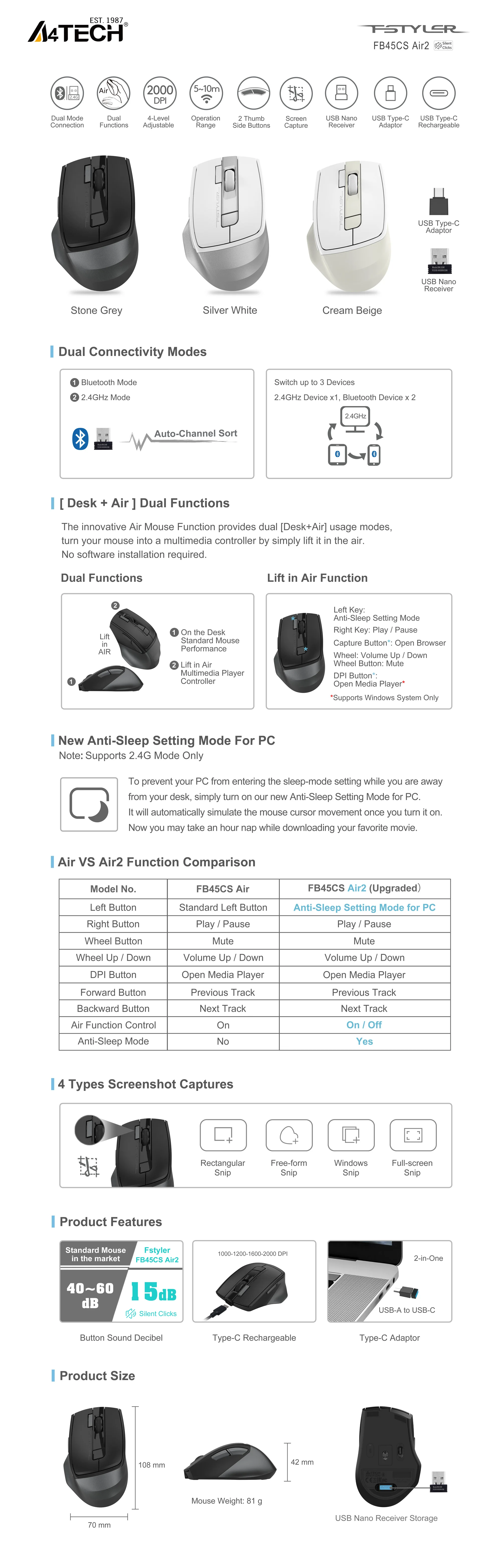 A4tech Fstyler FB45CS Air2 Wireless Mouse - 2000DPI Tracking