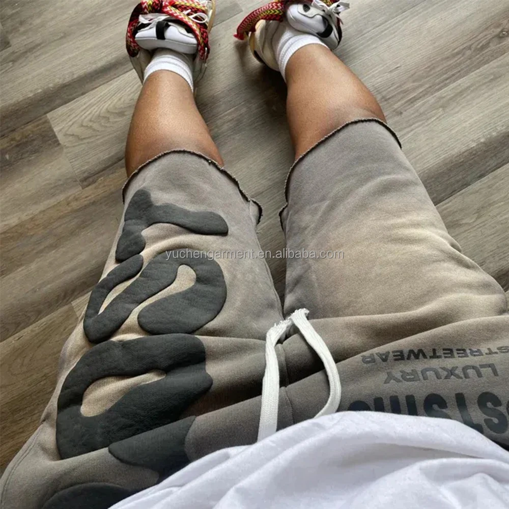 Custom Raw Hem 3d Puff Print Summer Men Vintage Sweat Shorts 100% ...