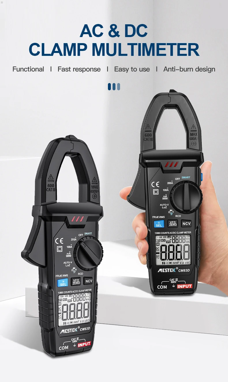 MESTEK Smart CM83D Clamp Meter - 200A Ammeter & 10000 Counts Voltmeter
