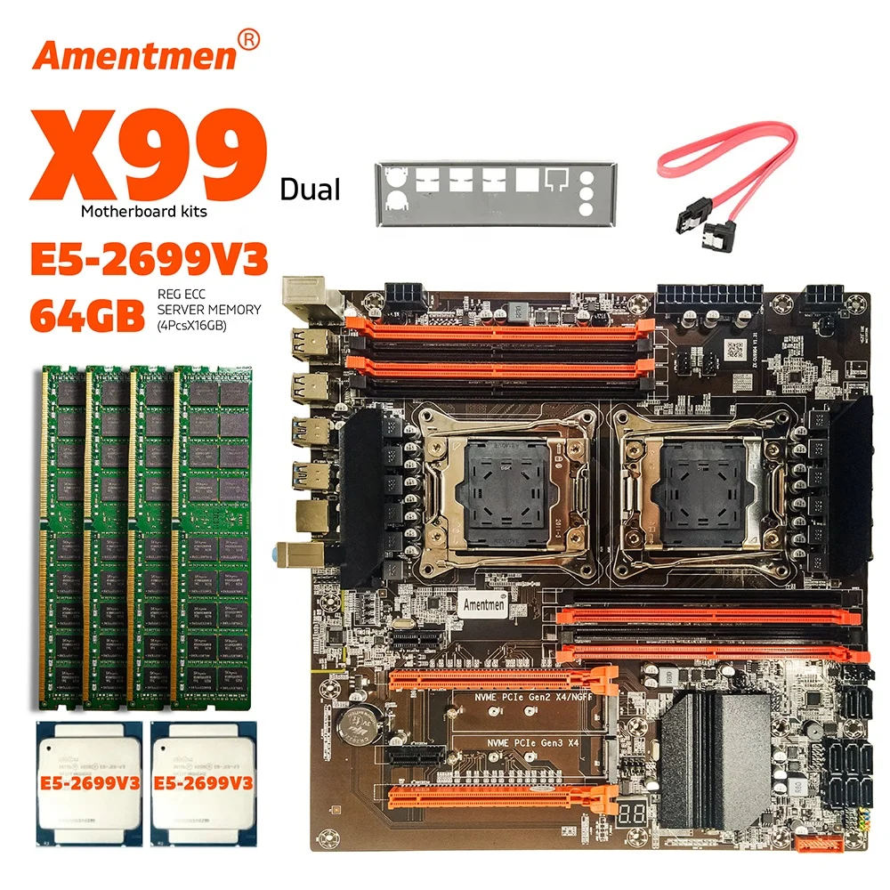 Amentmen Dual X99 Motherboard Lga2011-3 With Xeon E5 2699 V3 *2 Cpu With 4pcsx16gb = 64gb Ddr4 ...