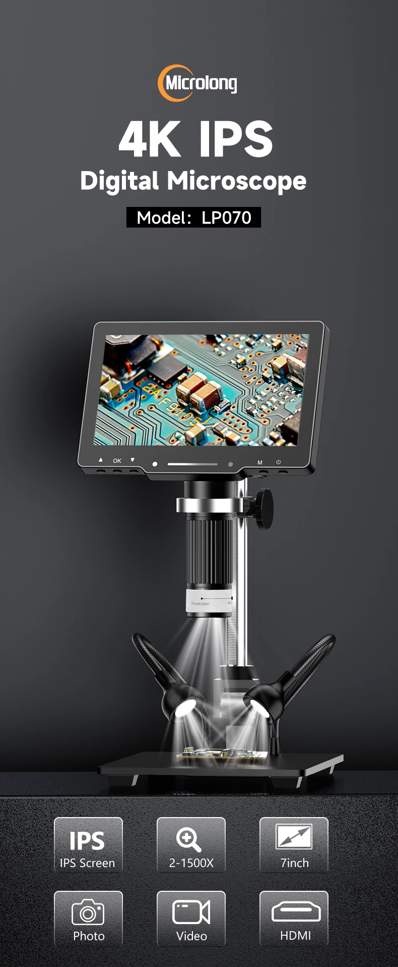 Microlong 4K Digital Microscope - 48MP Camera & 7" Screen
