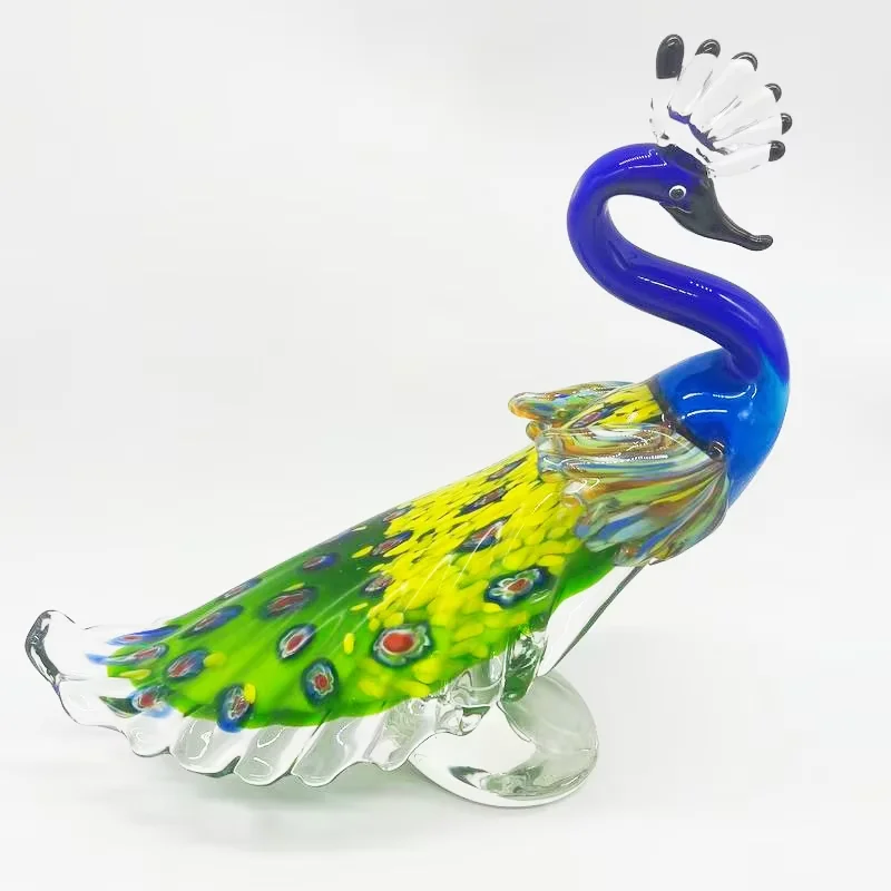 Hand Blown Murano Glass Peacock Sculpture for Home Decor