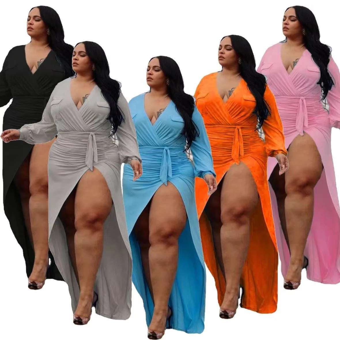 Zhezhe Lange Mouwen Bodycon Vrouwen Jurken Plisse Slit Maxi Jurk Plus Size Vrouwen Jurken Voor ...