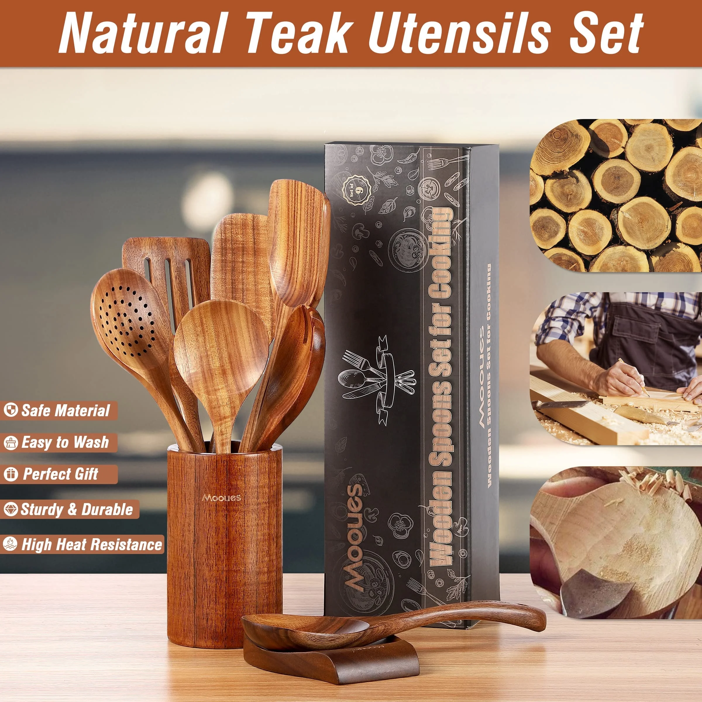 Natural Teak Wooden Cooking Set - Sustainable Utensils