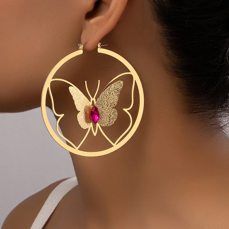 Metallic French Style Butterfly Big Hoop Earring Korean Butterfly Gold ...