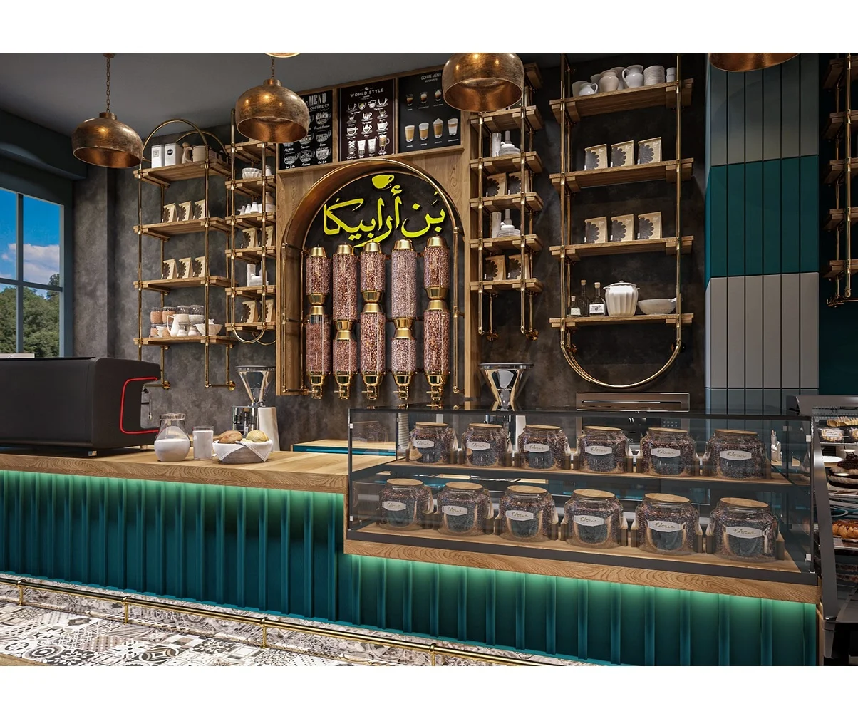 Retail Coffee Shop Counter Coffee Bean Display Shelves Cake Pastry Shop ...