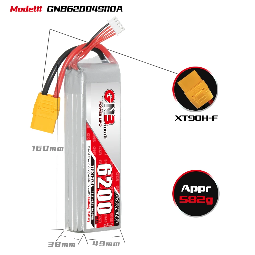 Gaoneng Gnb 6200mah 4s 14.8v 110c Xt90 Rc Lipo Battery 600mm To 700mm ...