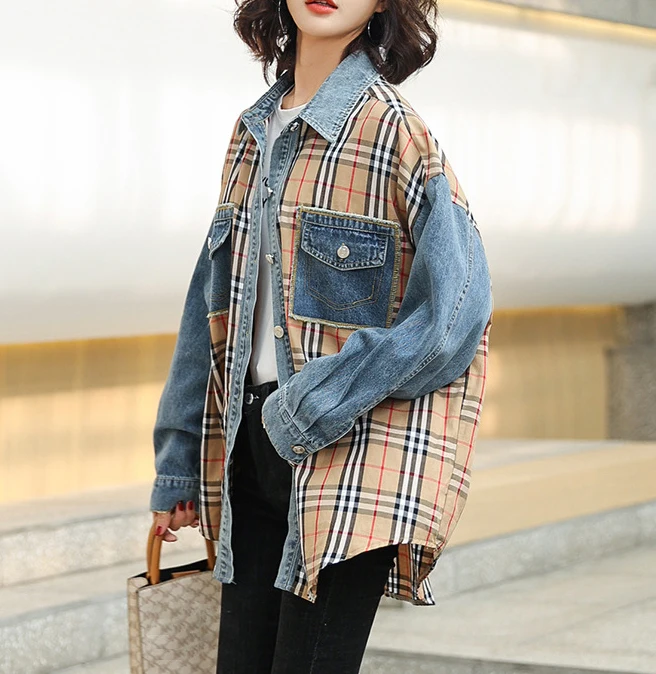 Trendy Custom Jean Ladies New Loose Patchwork Plaid Denim Shirt Women's ...