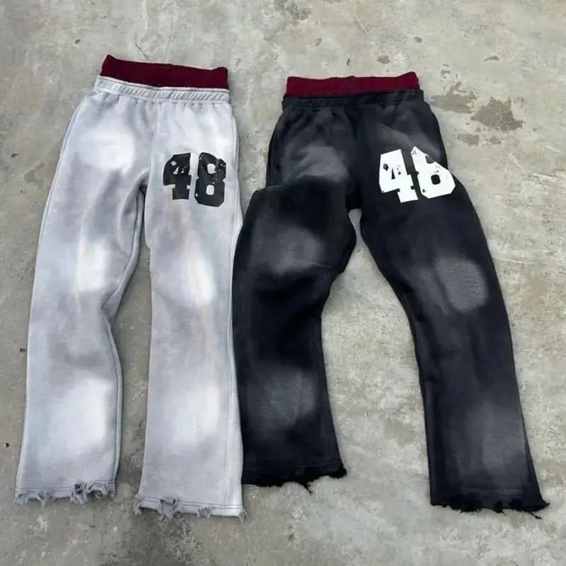 Custom Stacked Sweatpants Distressed Embroidery Patch Logo Mens Acid ...