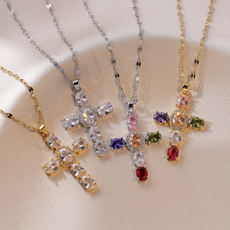 Ins Korean Gold Plated Cross Lip Chain Necklace Jewelry Colorful Iced ...