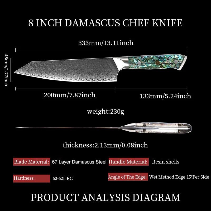 8 Inch Damascus Chef Knife Japanese 67 Layers Abalone Shell Handle And ...