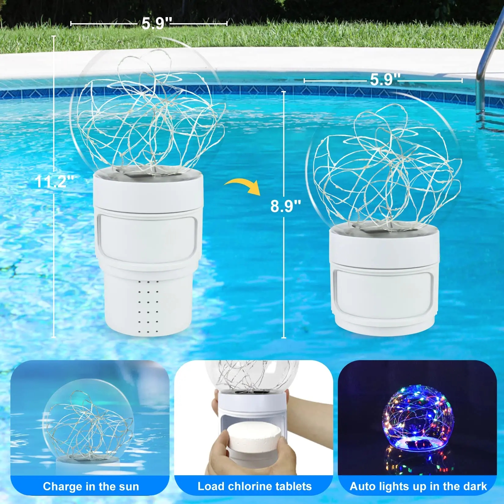 Cootway Solar Powered 3 Inch Swimming Pool Chlorinator With Multi Color ...