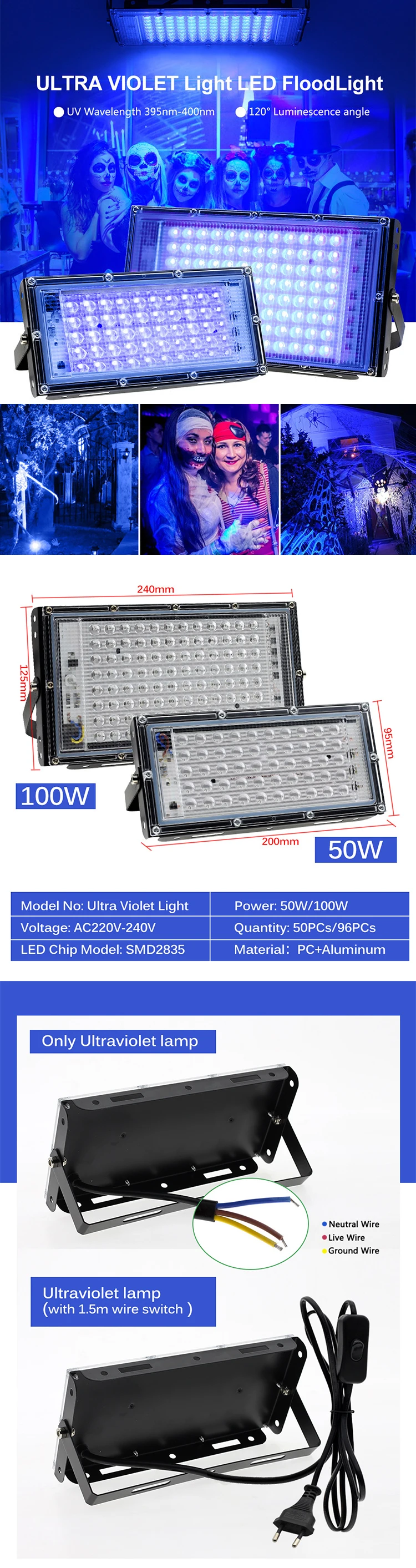 Uv 395nm Flood Light Ip65 Outdoor Ultraviolet Blacklight 100w 50w Led ...
