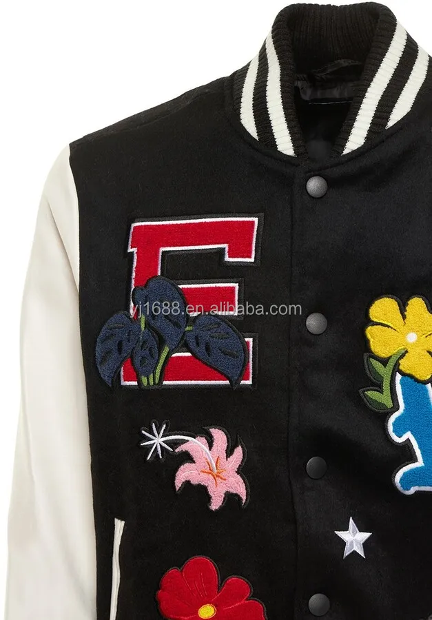 Custom Logo Varsity Jacket Leather Sleeves Embroidery Black Couple ...