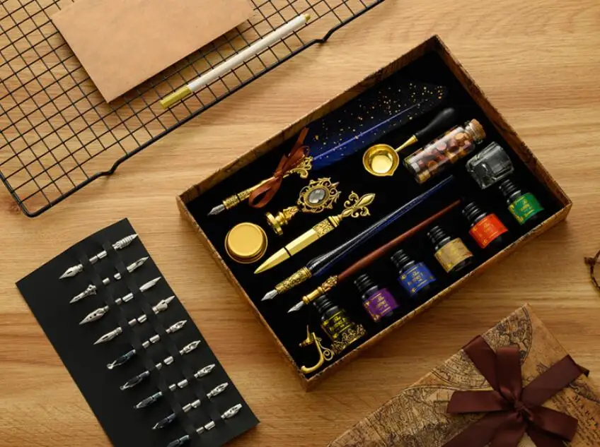 Premium Multifunctional Sprinkling Gold Vintage Feather Quill Dip Pen ...