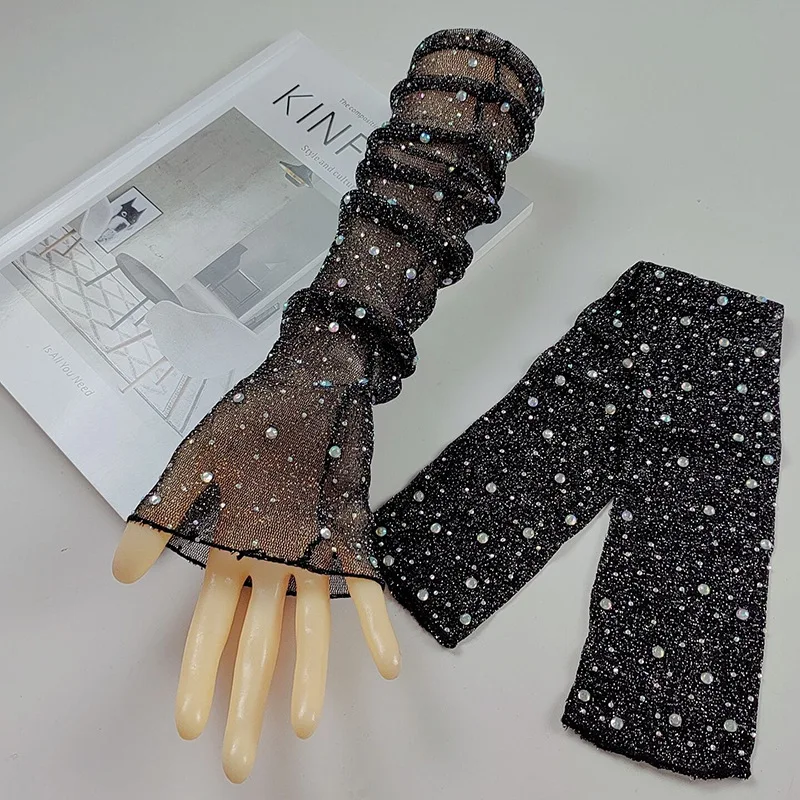 Rhinestone Gloves Fishnet Gloves Glitter Sparkle Long Mesh Arm Sleeve ...