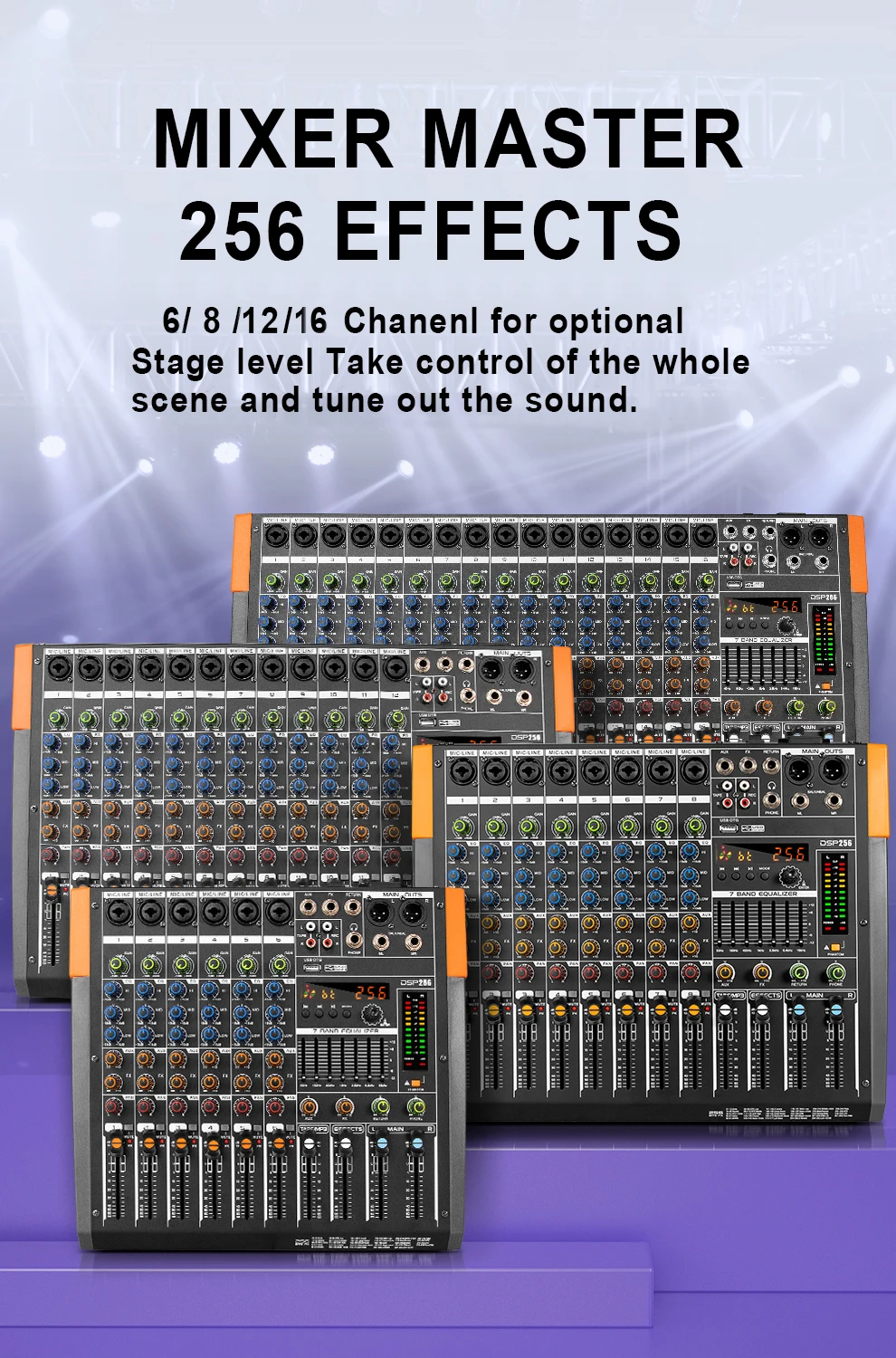 Professional 8-Channel USB Audio Mixer with 256 Reverb Effects