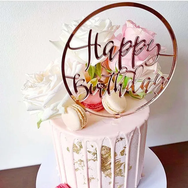 Gold Style Acrylic Cake Topper Geometry Round Letter Cake Toppers Happy ...