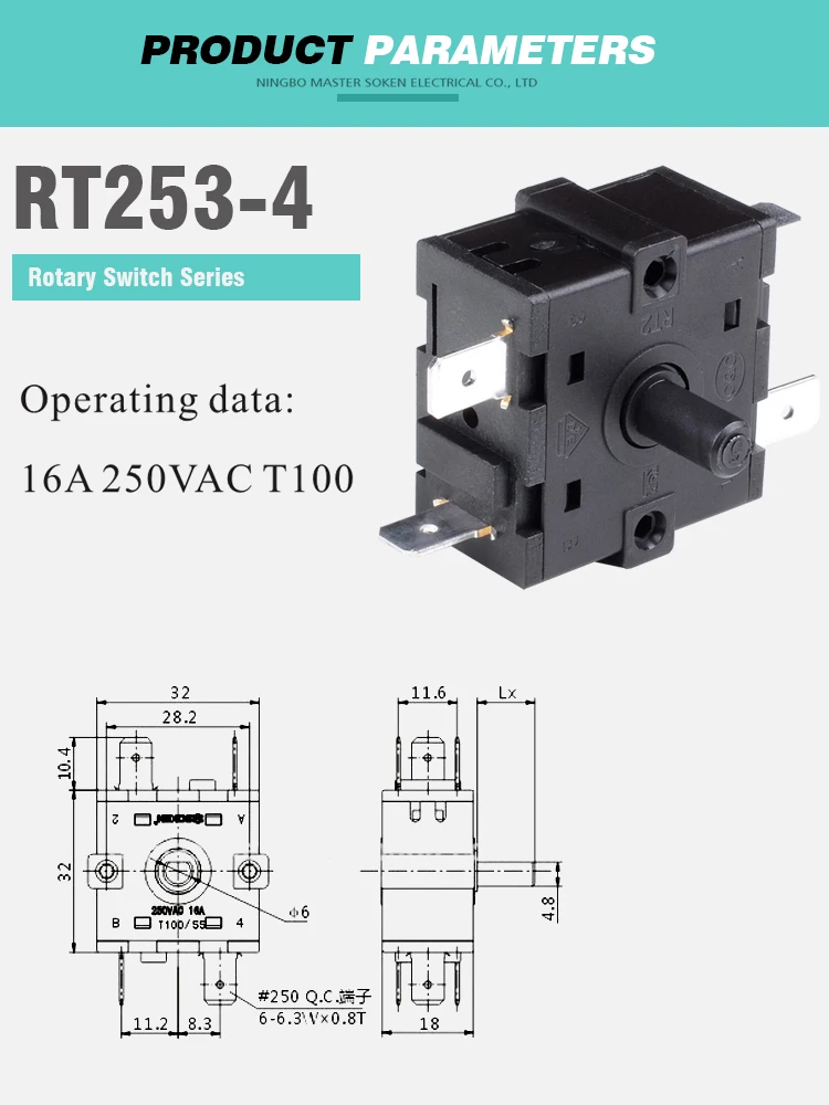 Soken 6 Position Rotary Switch For Oven 16a 250v T100 Rt253-4 Switches ...