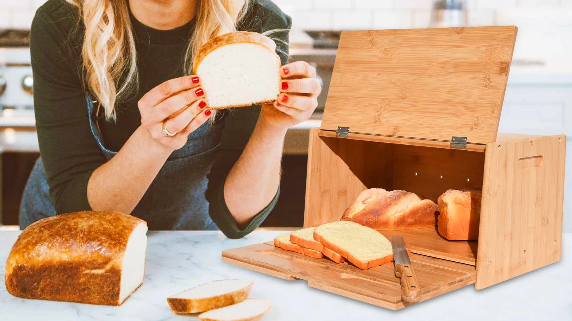 Large Farmhouse Bread Box For Kitchen Countertop,Premium Bamboo Bread ...