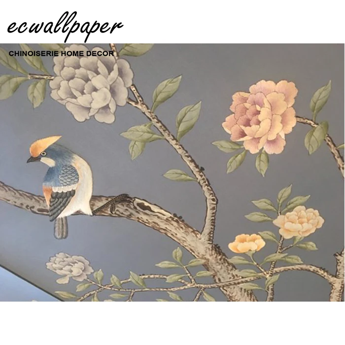 Hand Painted & Chinoiserie Silk Wallpaper On Blue Gray Silk - Buy ...