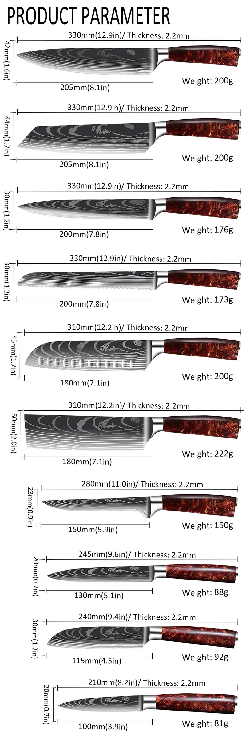 Factory Wholesale 10 Pcs Kitchen Knives Set Japanese Damascus Laser ...