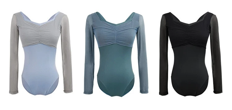 Front Pinched Leotard Long Sleeve Mesh Leotards for Women