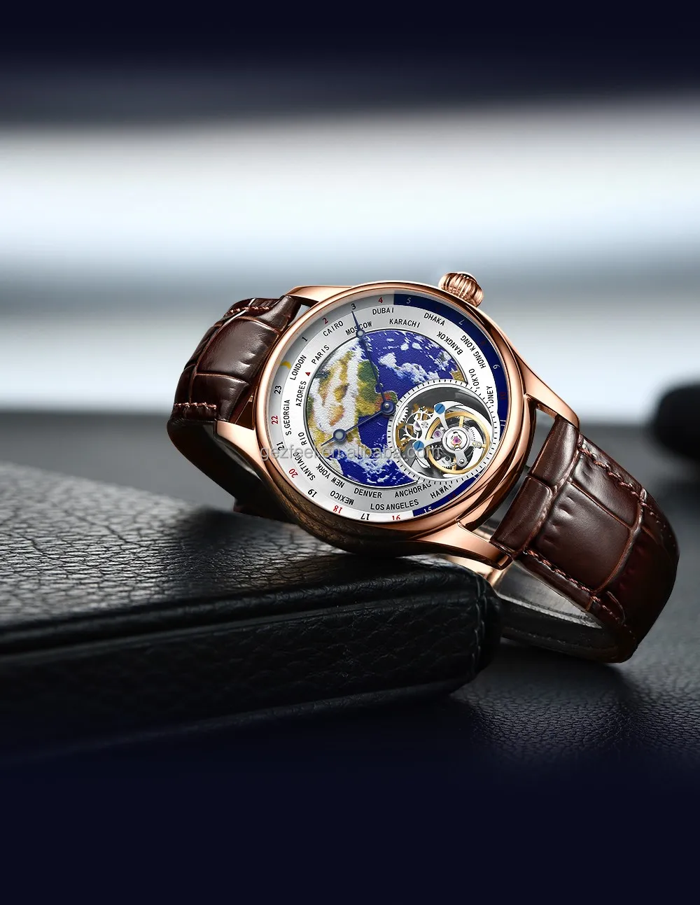 Custom 3D Blue World Map Dial Men's Mechanical Tourbillon Watch with ...