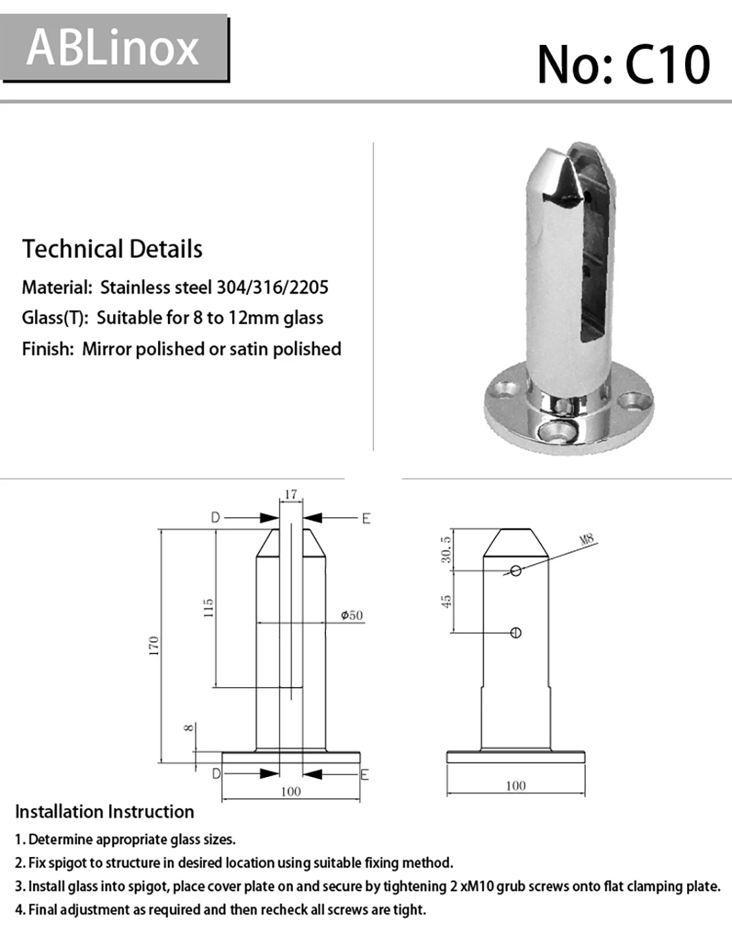 304 316 Stainless Steel Spigot Clamp Glass Pool Deck Fence Round ...
