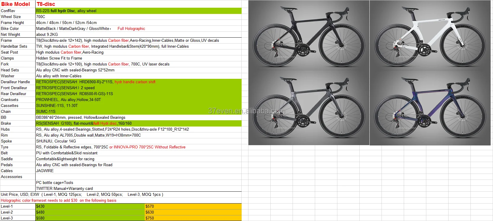 Carbon Fibre Road Bicycle T8 700C with Hydraulic Disc Brake, 22 Speed ...