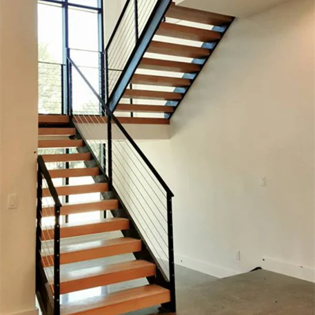 Double Stringer Steel Staircases With Wood Treads Cable Railing Stairs ...