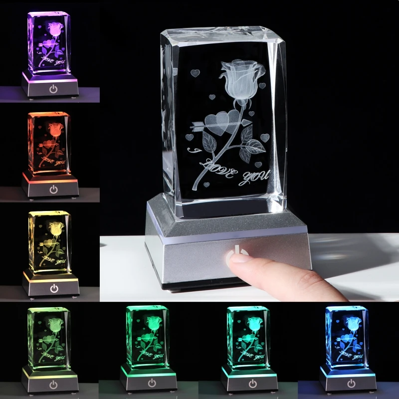 Wedding Gifts Led Light Glass Crystal Cube Rose 3D Laser Engraved ...