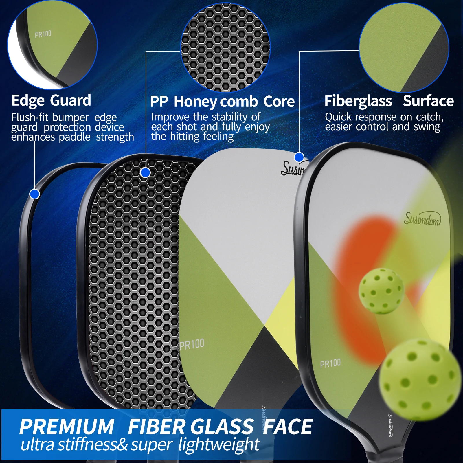 Susimdom Custom Pro Pickle Ball Set Paddle Fiberglass Pickleball Racket ...