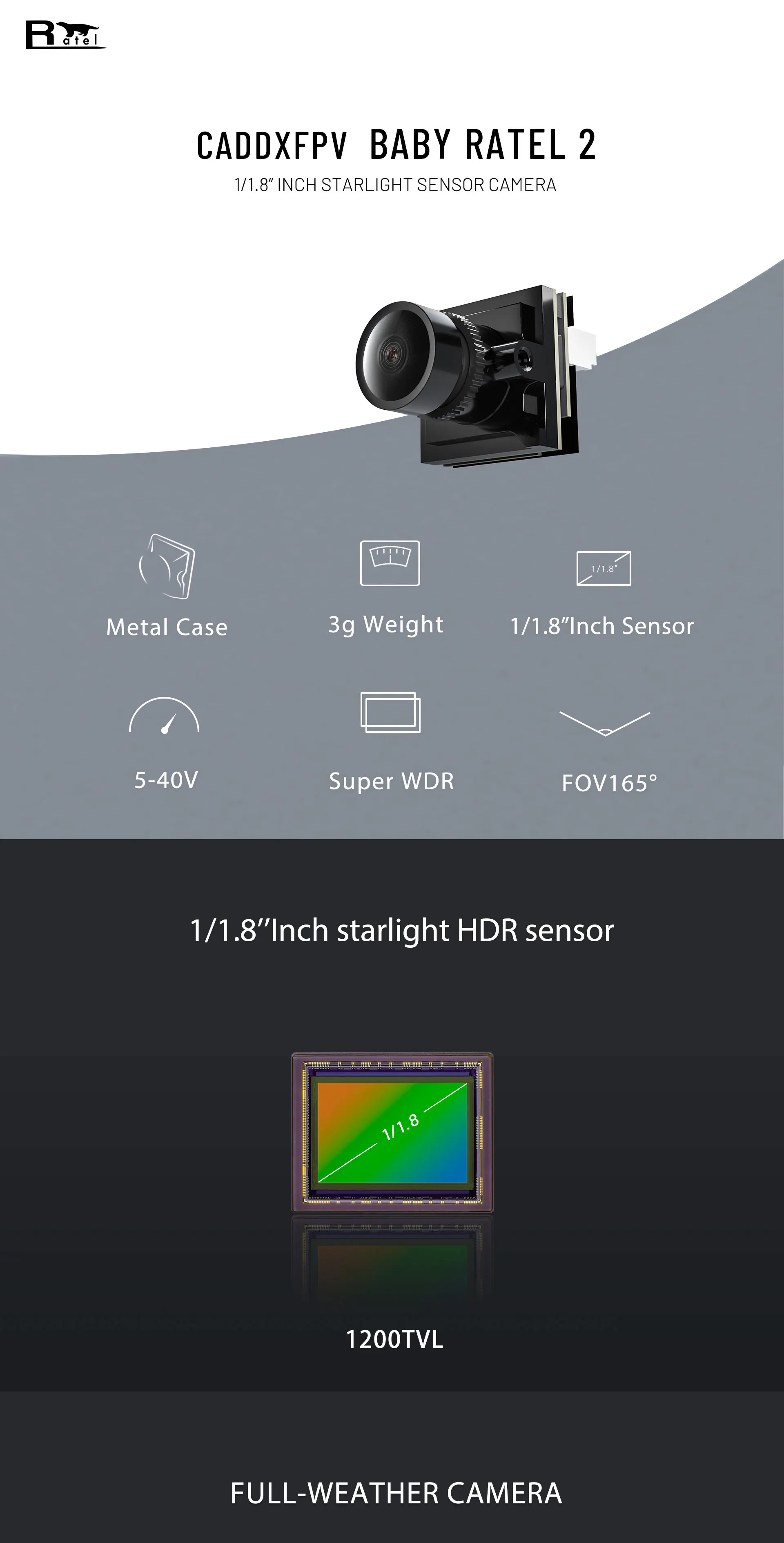 Factory Caddx Ratel 2 1/1.8'' Starlight 1200TVL 2.1mm NTSC PAL 16:9 4:3 ...