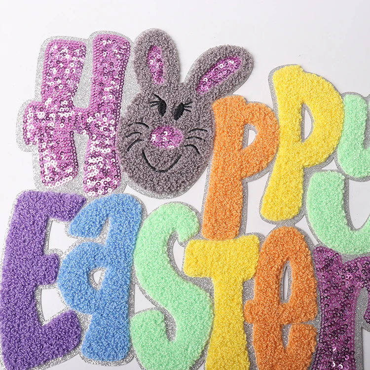 Wholesale Bunny Easter Chenille Patches Glitter Iron On Over Sized Large Sequin Chenille Words ...