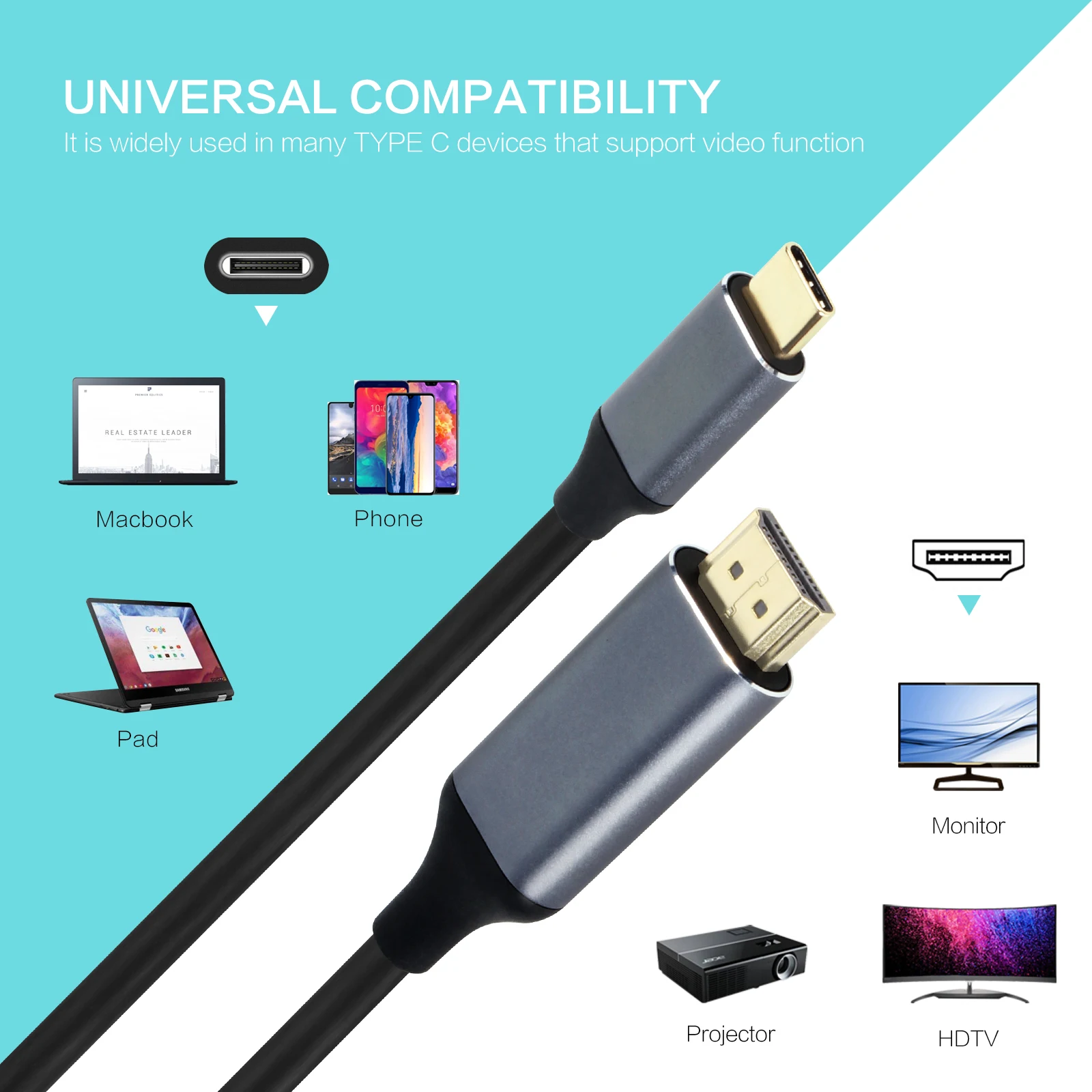 VCOM Aluminum 1.8m 4K USB C to HDMI Computer Video Cable Male to Male ...