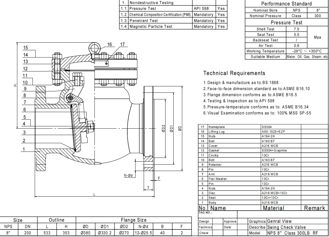 8" Check Valve - CL. 300, Swing, RF, ASME, A216, WCB