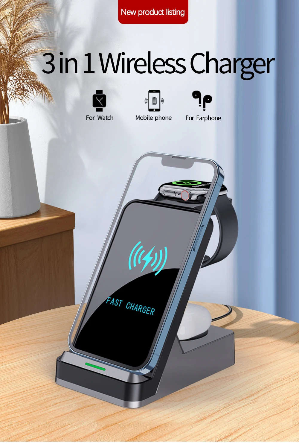 3 In 1 Wireless Charger Stand Fast Charging Cell Phone Holder Portable ...