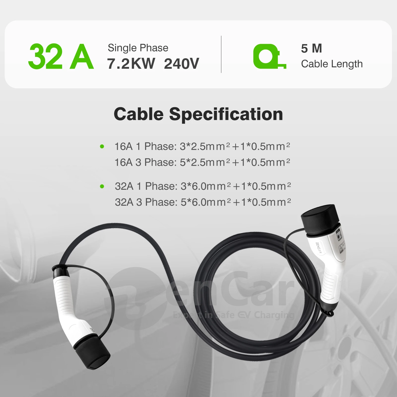 Zencar New 32a 7kw Ev Charger Cable Electric Car Ev Charging Cable Type ...