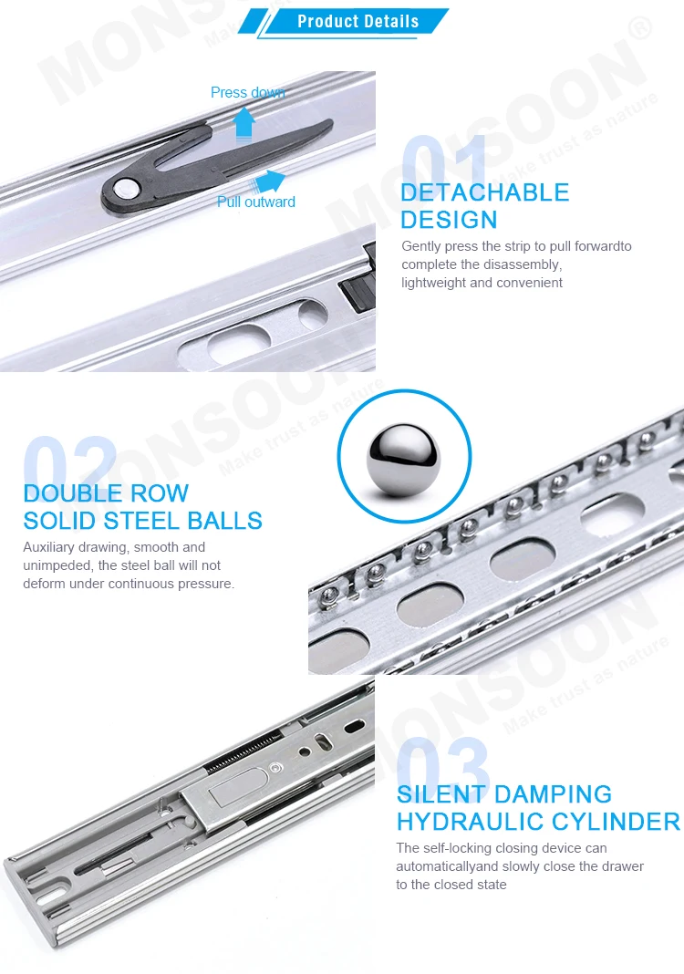 Telescopic Channel Side Mounted Ball Bearing Drawer Guides Runner Push ...