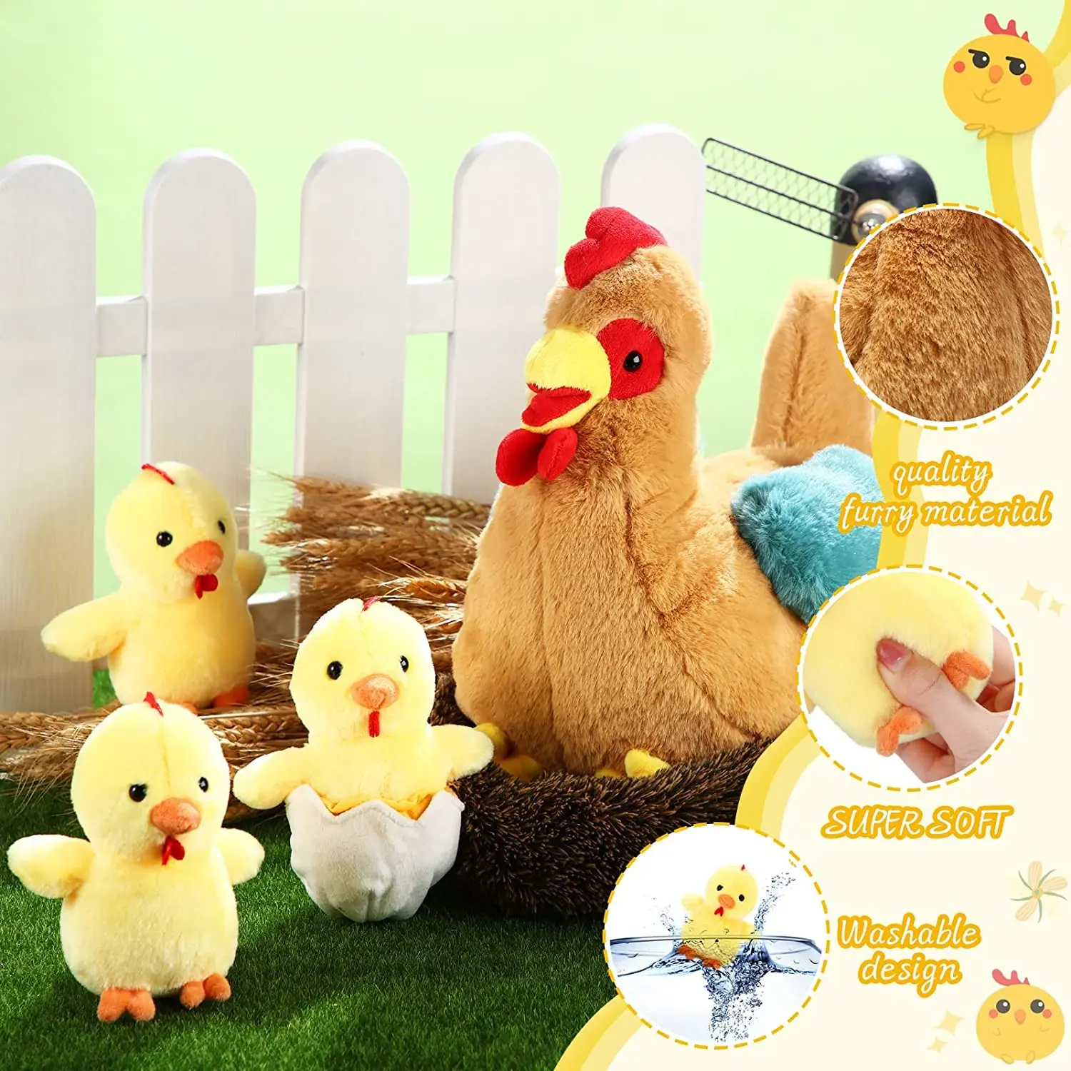 Plush Egg Laying Hen Chicken With Zippered Belly,House And 4 Little ...